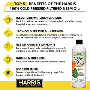 HARRIS Neem Oil, 100% Cold Pressed and Unrefined Concentrate for Plant Spray, High Azadirachtin Content, 12 Ounce for Aphids, Whiteflies, Mealy Bugs and More