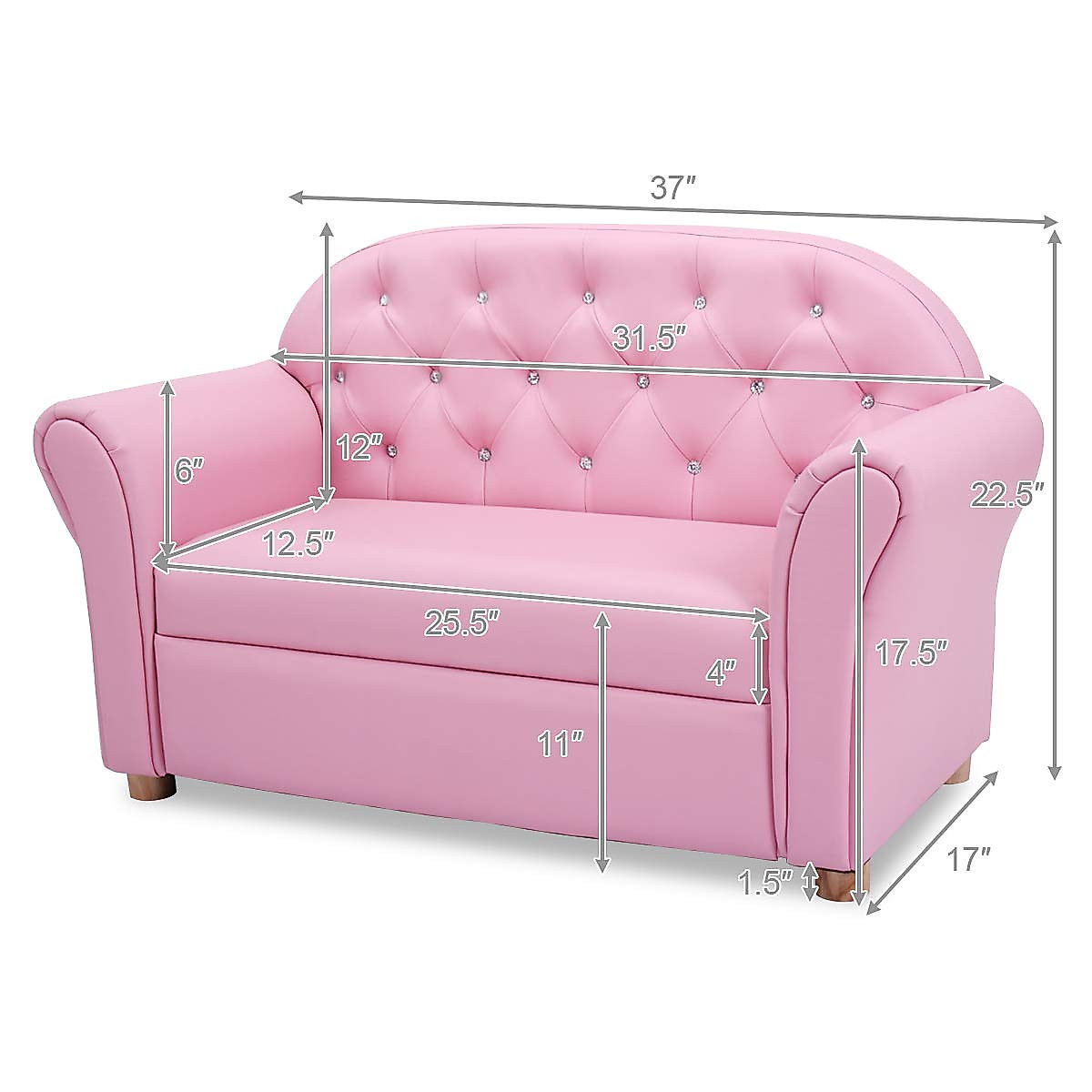 HONEY JOY Kids Sofa, 2 Seat Touch Couch Lounger Chair, Cute Gem Studs, Children Comfy Loveseat Sofa Bed for Playroom Daycare Furniture, Mini Double Foam Play Couch for Princess Girls, Pink