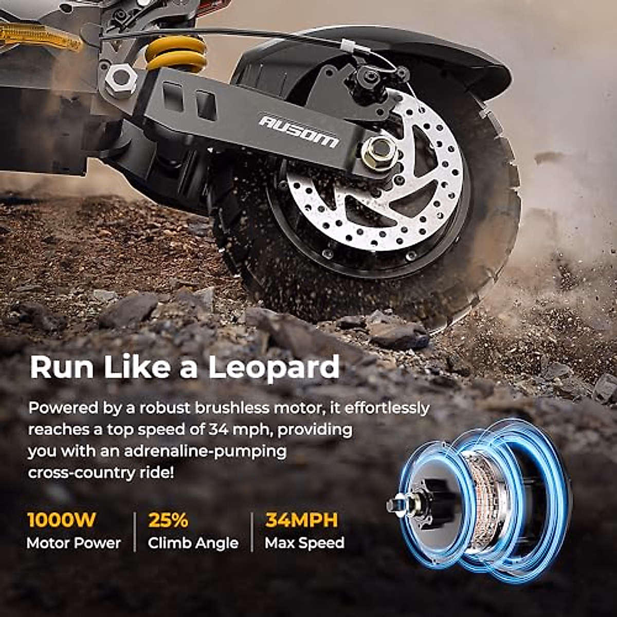 Ausom Leopard Electric Scooter Adults, 1000W Motor, 45 Miles Range & 30 MPH Foldable Commute Sport E-Scooter w/10‘’ Off Road Tires, Removable Seat, Dual Disk Brakes & Suspension
