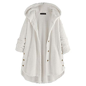 Andongnywell Womens Fuzzy Fleece Jacket Solid Open Front Hooded Buttons Coats Long Sleeve Outwear with Pockets (White,5X-Large)