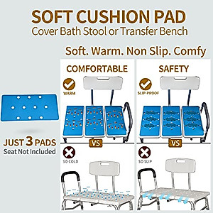 3 PCS Tub Transfer Bench Cushion with Adhesive Soft Waterproof Slip-Resistant Shower Chair Bath Shower Bench Mat, Shower Seat Pad with Holes, 15x7.6 in, Blue