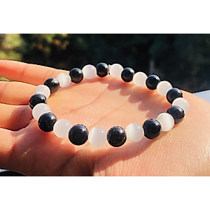 crystalmiracle Selenite Black Tourmaline Beaded 7 Mm Round String Crystal Gemstone Fashion Gift Wellness Positive Energy Handcrafted Accessory