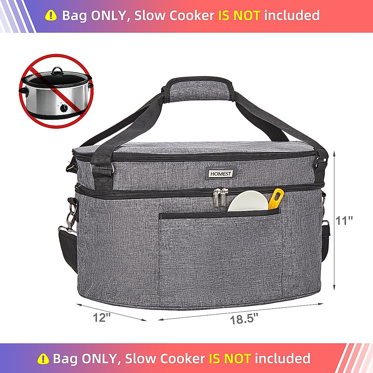 HOMEST Slow Cooker Bag for Crock-Pot 6-8 Quart, Insulated Travel Carrier with Easy to Clean Lining, Carry Case with Top Zip Compartment and Accessory Pocket (Bag Only)