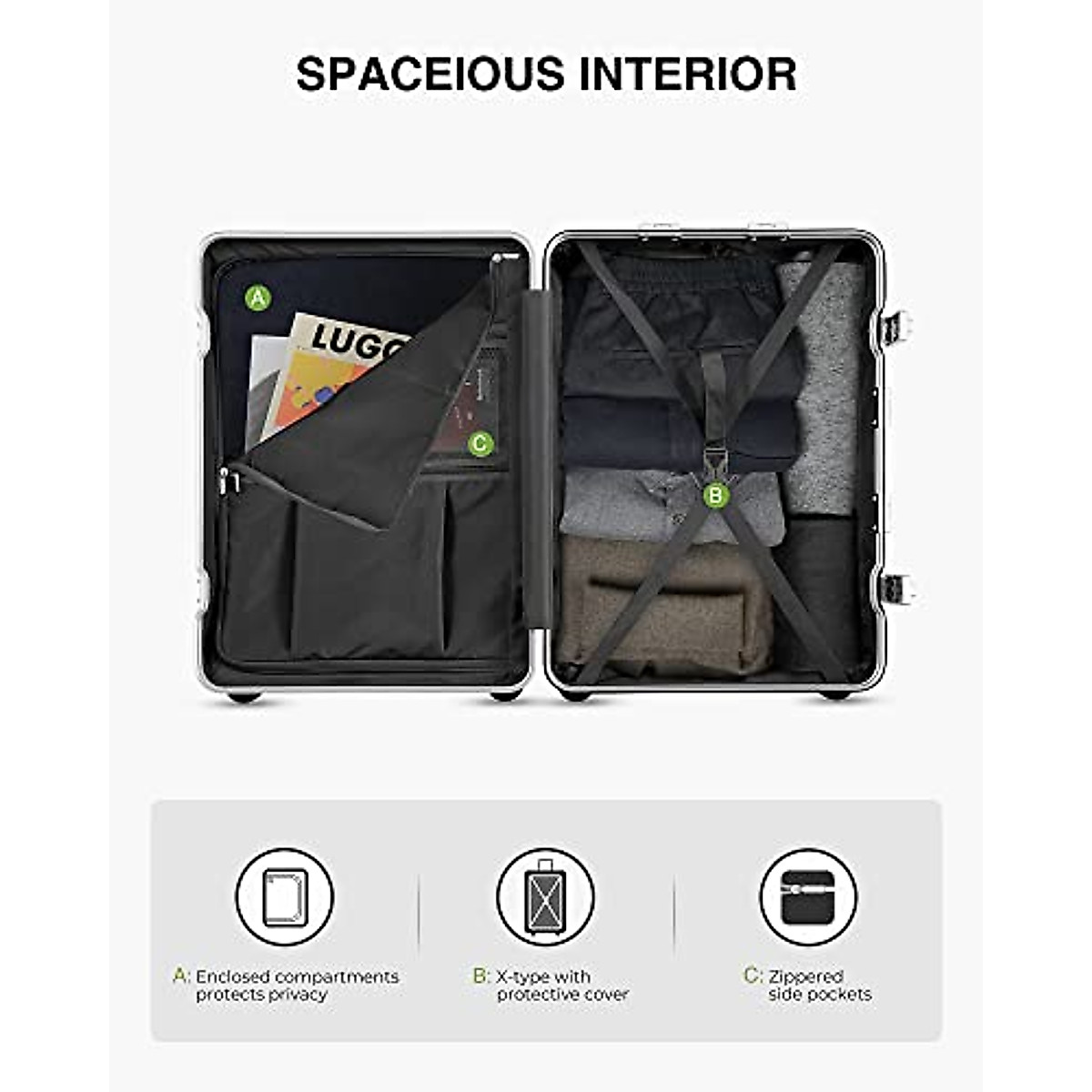 LUGGEX Aluminum Frame Luggage Sets, 100% Polycarbonate Hard Shell Checked Suitcase with 4 Corners, Zipperless Luggage with Spinner Wheels