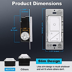 BESTTEN Super Slim Digital Led Dimmer Switch with Air Gap Power Cut Off Switch, MCU Smart-chip Technology and 3 Button Control, Single Pole or 3 Way Dimmer Light Switch, ETL Listed, Snow White