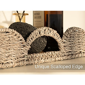 StorageWorks Scalloped Tray, Wicker Rattan Serving Tray with Handles, Woven Rectangle Seagrass Tray, Scalloped Basket Table Décor Trays, Rattan Basket Tray for Ottoman Decorative and Organizer Trays
