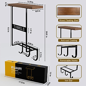 Towel Rack, ZUJJAFY Racks for Bathroom Storage Wall Mounted Holder Decor, Bath Organizer with Wooden Shelf and Hooks Rolled Towels Matte Black With ''Towels'' Logo