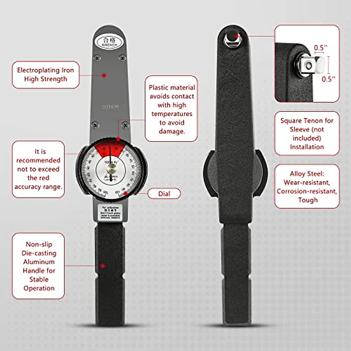 LIANDU-US Dial Indicator Torque Wrench Indicating Torquemeter 1/2" Drive 0-100 Nm High Precision Torque Meter Professional Measure Tool, ± 3% Accuracy