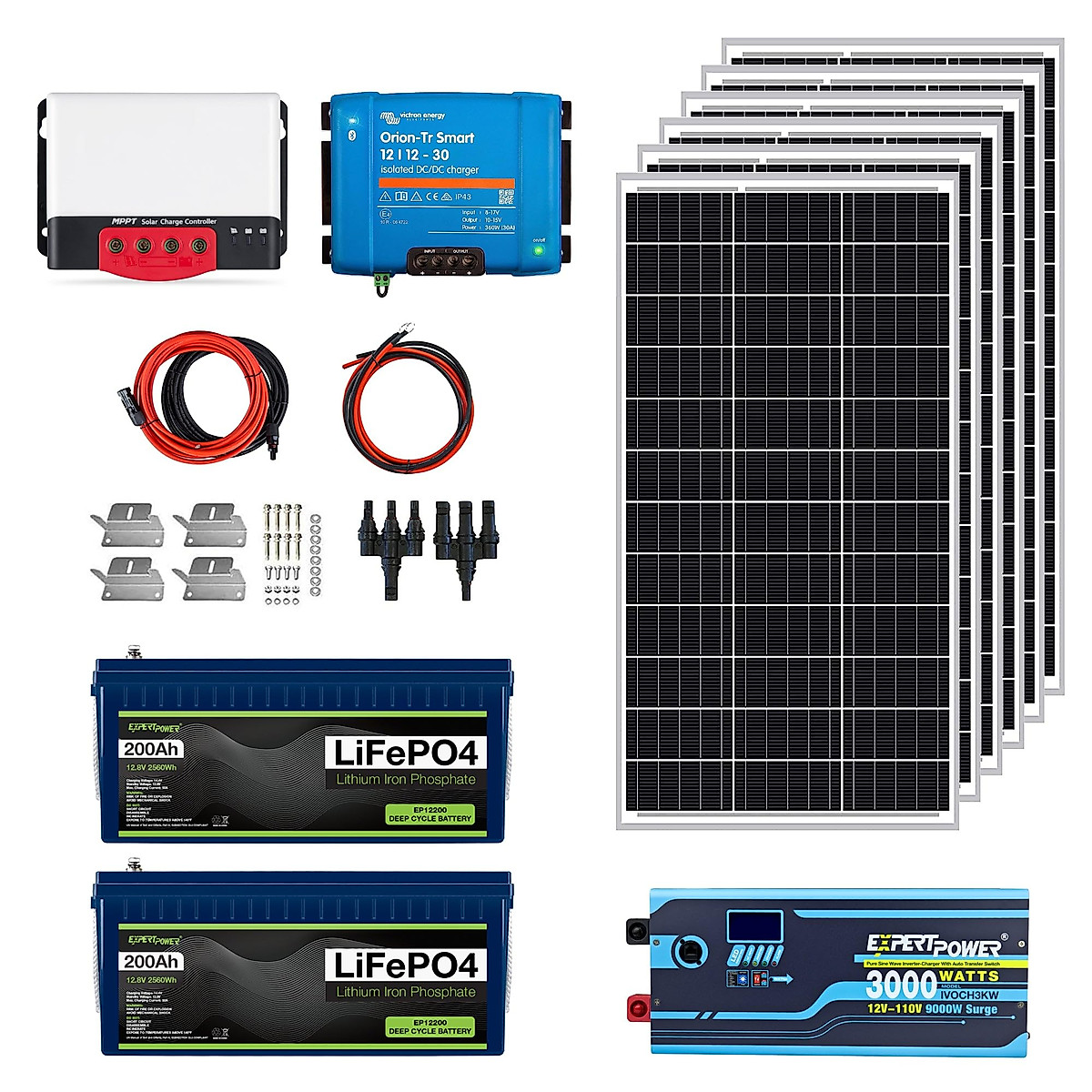 ExpertPower 5KWH 12V Solar Power Kit | LiFePO4 12V 200Ah, 600W Solar Panels, 40A MPPT Solar Controller, 30A DC-DC Charger, 3KW Pure Sine Wave Inverter Charger | RV, Trailer, Camper, Marine, Off Grid