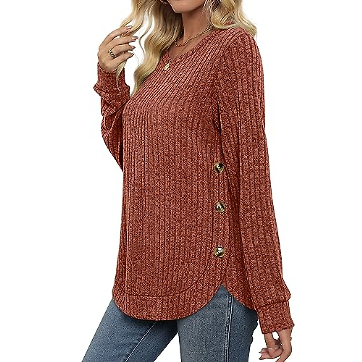 WIHOLL Fall Clothes for Women 2023 Tunic Sweaters Long Sleeve Shirts for Women Caramel M