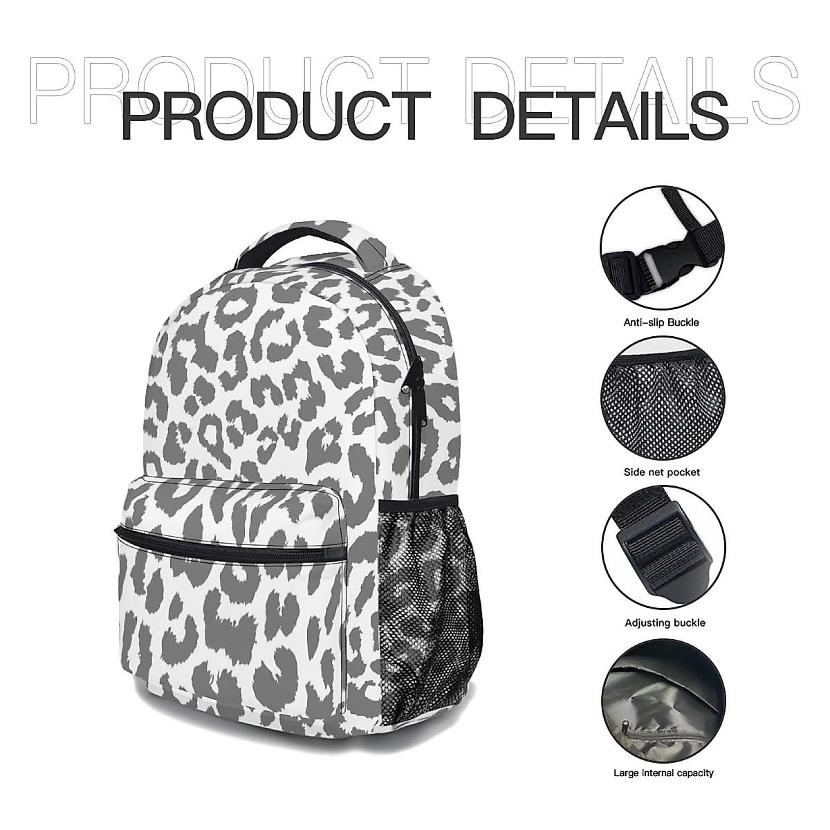 Nerxy Snow Leopard Backpack for School - Cheetah Spots School Backpack White White Grey Animal Skin School Bag Laptop Book Bag Fits 14 Inch Laptop Rucksack Daypack