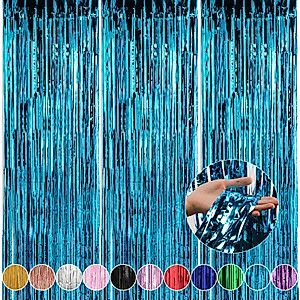 Crosize 3 Pack 3.3 x 9.9 ft Blue Foil Fringe Backdrop Curtain, Streamer Backdrop Curtains, Streamers Birthday Party Decorations, Tinsel Curtain for Parties, Galentines Decor