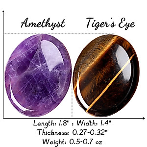 2PCS Worry Stone for Anxiety Tigers Eye Amethyst Healing Crystals Hand Carved Thumb Stones Pocket Gemstones Meditation Accessories Oval Crystal Natural Reiki Relax Palm Stone Anxiety Relief Items