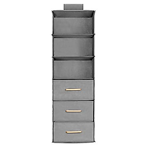 Navaris Hanging Closet Organizer with Drawers - Storage with 6 Shelves and 3 Drawers with Wood Handles - Clothes Organization for Dorm Room, College