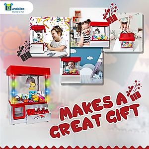 Bundaloo Claw Machine Arcade Game - Electronic Mini Candy and Toy Grabber Dispenser for Kids - with Lights Sound & 4 Mini Plush Animals (Red)