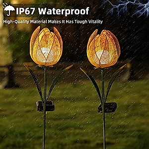 Outdoor Solar Garden Lights - 2 Pack Solar Large Metal Tulip Flowers Decorative Lights - Warm White LED Waterproof Solar Stake Lights for Garden, Patio, Yard, Lawn, Walkway Decoration(Yellow)