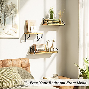 Love-KANKEI Floating Shelves Wall Mounted Set of 3, Rustic Wood Wall Storage Shelves for Bedroom, Living Room, Bathroom, Kitchen, Office and More Carbonized Black