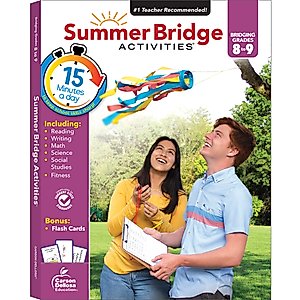 Summer Bridge Activities 8th to 9th Grade Workbooks, Math, Reading Comprehension, Writing, Science, Social Studies, Fitness Summer Learning, 9th Grade Workbooks All Subjects With Flash Cards