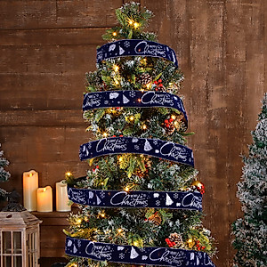 2 Rolls Christmas Wired Ribbon - Red, Green, Navy Blue, Merry Golden Silver for Gift Wrapping - Velvet Fabric for Xmas Home Decoration DIY Crafts, 2.5 Inch (Navy Blue, 10 Yards)