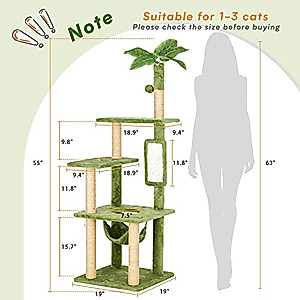 TSCOMON 55" Cat Tree for Indoor Cats with Green Leaves, Multi-Level Large Cat Tower for Indoor Cats with Hammock, Plush Cat House with Hang Ball Toy and Cat Sisal Scratching Posts Cat Furniture, Green