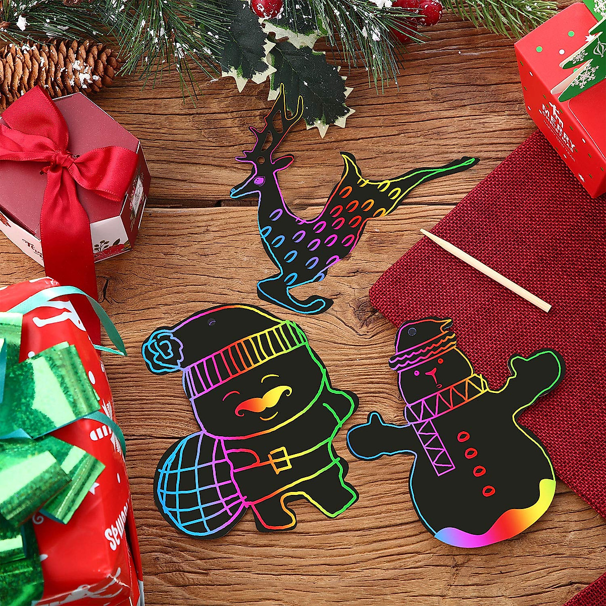 72 Pieces Christmas Scratch Ornaments Scratch Art Ornaments Scratch Paper Craft Hanging Craft Art Kits with Wooden Stick and Rope for Kids Christmas Party Decorations