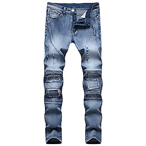 Mens Distressed Skinny Biker Jeans Straight Ripped Hip Hop Moto Denim Pants Classic Slim Fit Holes Stretchy Jean (Blue,38)
