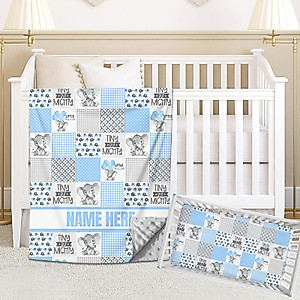 Personalized Elephant Blue Crib Bedding Set for Baby Boys, Custom Baby Girl Crib Bedding Set with Name, Nursery Bedding, 2 Piece Crib Bedding Sets, Name Crib Comforter, Crib Fitted Sheet for Baby