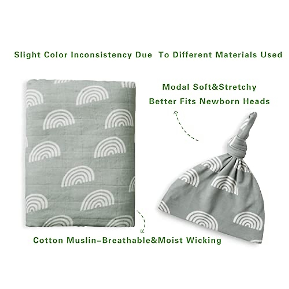 Miaoberry 100% Organic Cotton Muslin Blanket| Sage Green Rainbow Baby Swaddle Set| Newborn Boy Girl Unisex Neutral| Boho Vintage Monthly Picture Blanket