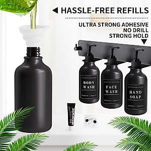XLHOMO Shampoo and Conditioner Dispenser, Matte Black Body Wash Shower Soap Dispenser Wall Mounted 3 Chamber with Labels Bath Sponge, Drill Free 17oz Plastic Shower Bottles Refillable for Bathroom