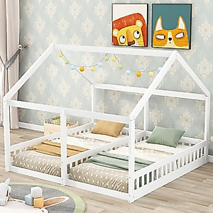 LostCat Wooden Kids Double Bed Frame, Two Shared Beds with Roof, 2 Twin Size House Platform Beds, House Platform Beds with Fence, Montessori Bed for Two Kids Teens Boys Girls, White