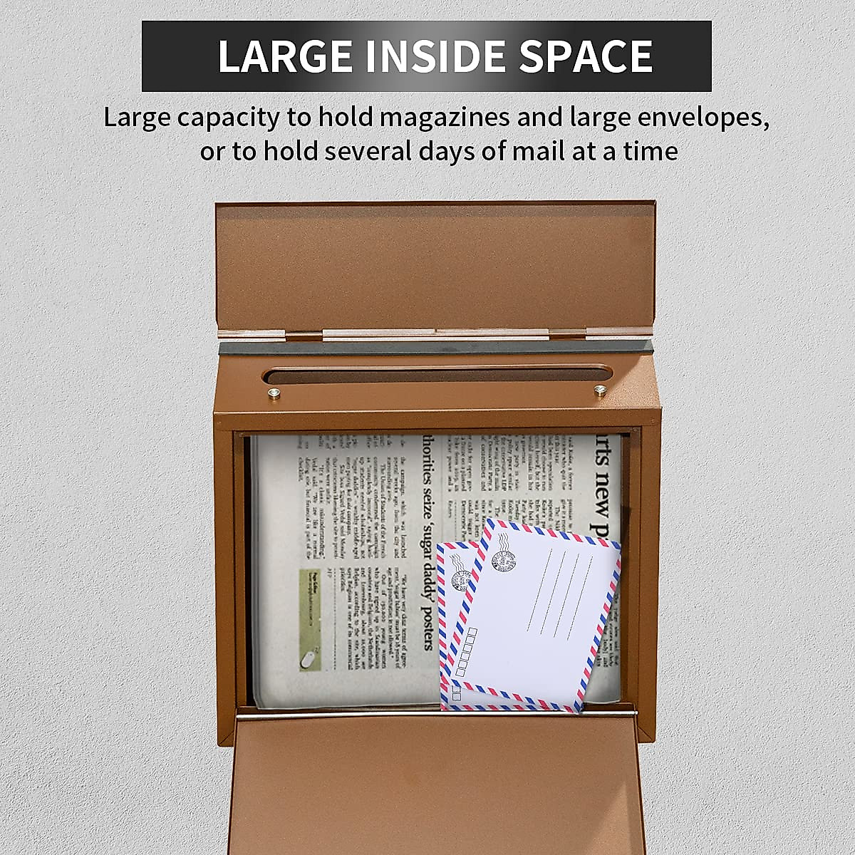 Yoocabinet Mailbox Wall Mount,Large Capacity Locking Mailbox for Outside,Galvanized Steel Cover and Rust-Proof Metal Post Box L Brown