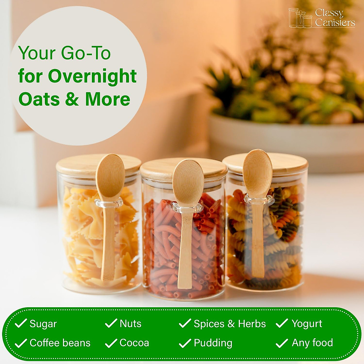 Set of 3 Airtight Glass Jars with Bamboo Lids & Bamboo Spoons - Decorative & Durable 17-Oz Borosilicate Glass Canisters Hold Coffee Beans, Tea, Flour, Sugar, Nuts, Candy, Bath Salts & More