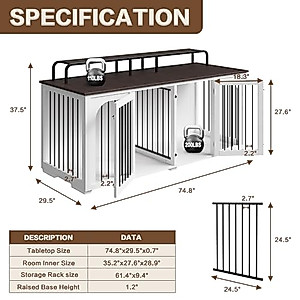 Large Dog Kennel Furniture for 2 Dogs,74.8'' XXL Wooden Double Dog Crates Cage Furniture Style with Divider for Large Breed with Storage Rack Shelf TV Stand Table Indoor,White