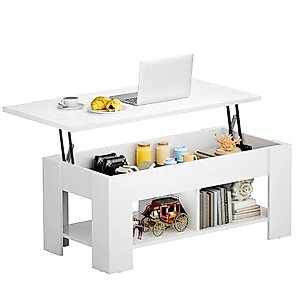 NOBLEWELL Lift Top Coffee Table with Storage Compartment and Separated Open Shelves, Pop Up Coffee Table for Living Room, 39.4in L, White Marble