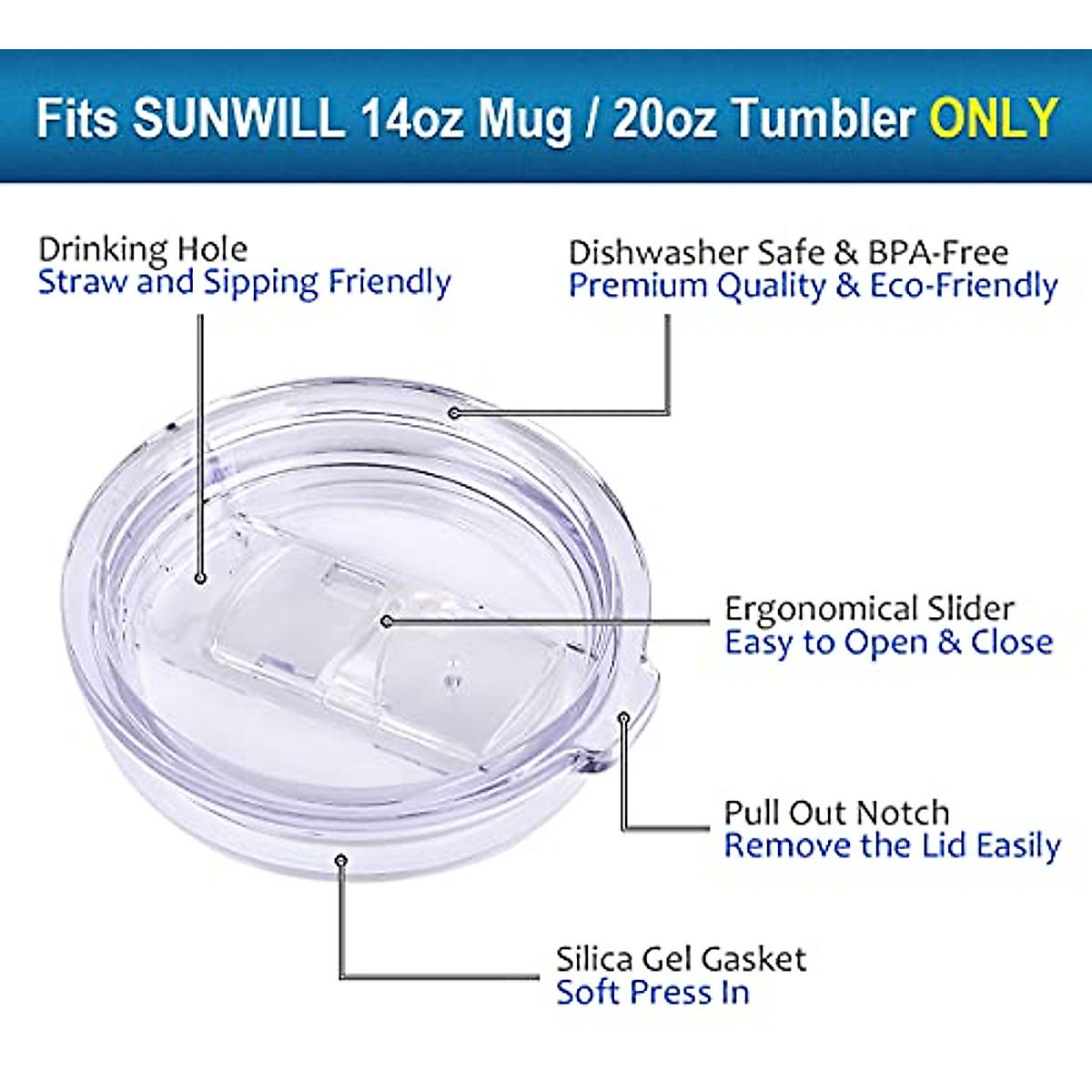 Lid for SUNWILL 14oz Mugs and 20oz Tumblers Only, Spill and Splash Resistant Sliding Covers Replacement 2 Pack, Straw Friendly, BPA Free