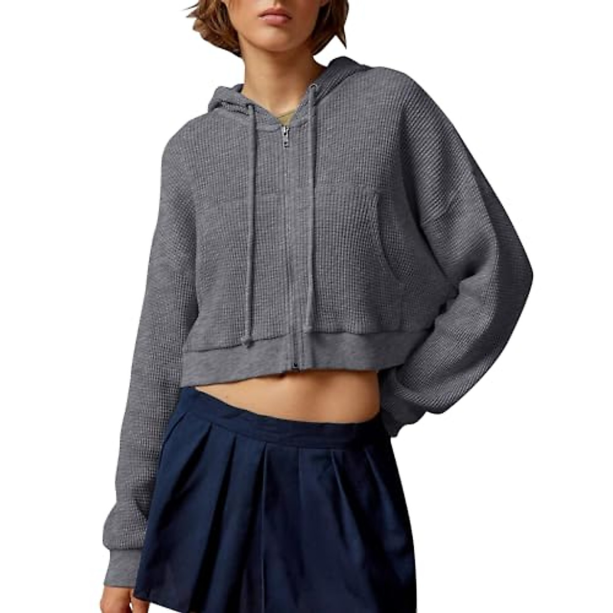 Flygo Women's Waffle Knit Hoodie Cropped Zip Up Hooded Sweatshirts Jacket with Kanga Pocket(Darkgrey-S)