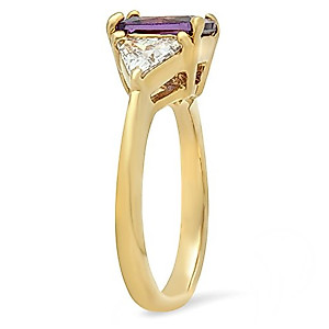The Bling Factory Gold Plated Emerald-Cut Violet Purple CZ Three-Stone Ring, Size 6.5