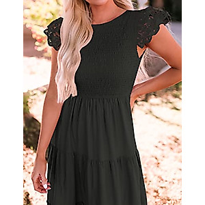 ZESICA Women's 2023 Casual Crew Neck Flutter Sleeve Smocked High Waist Hollow Out Lace Trim Tiered A Line Midi Dress,Black,Small