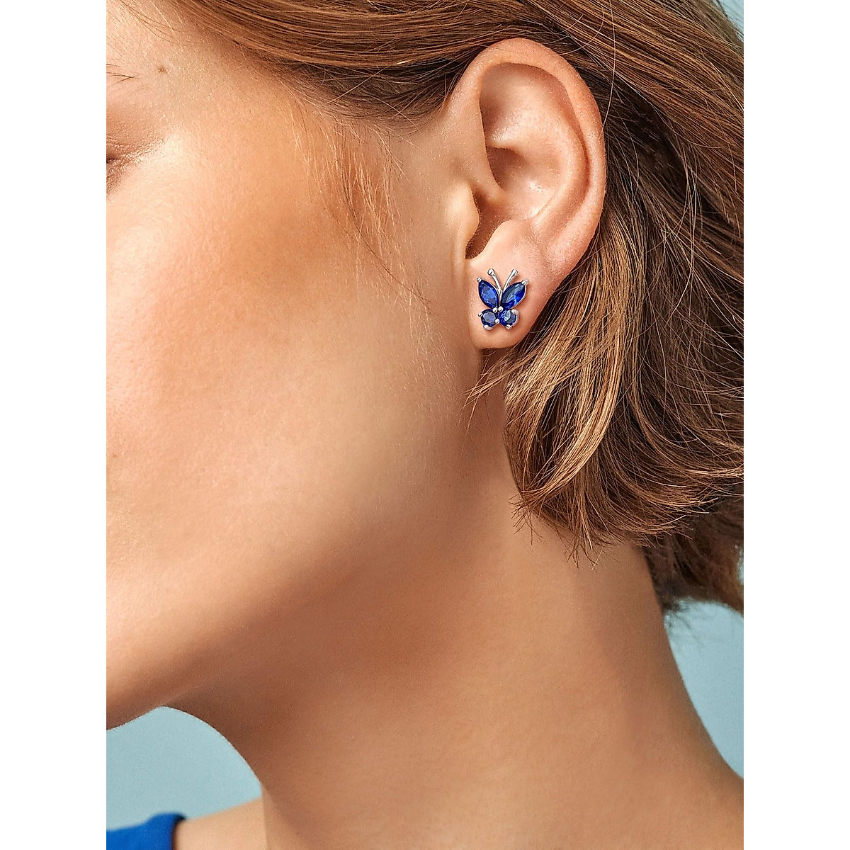 Women Sterling Silver Animal Stud Created Gemstone Sapphire Blue Butterfly Stud Earrings