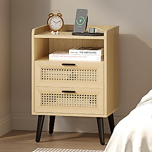 Vlskra Rattan Nightstand with Charging Station, Boho Night Stand with 2 Storage Drawers, Tall Boho Nightstand with Light, 3 Colors Dimmable Lighting, Human Sensor Light (Light Wood)