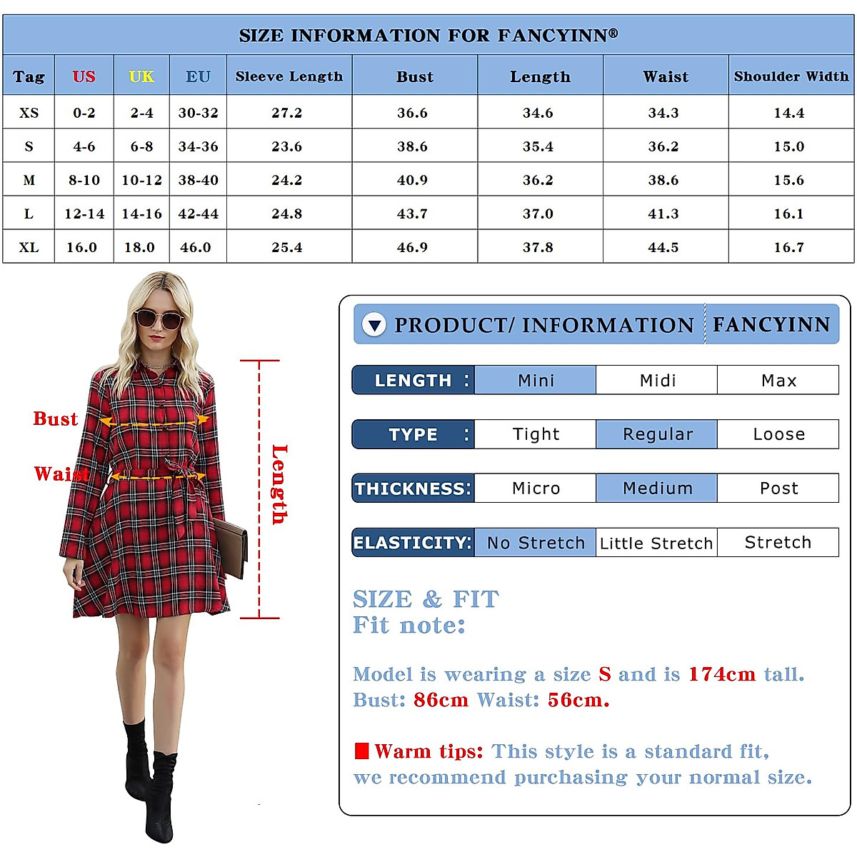 FANCYINN Womens Christmas Plaid Dresses Flannel Button Down Long Sleeve Shirt Dress Winter Casual Dresses Mini Dress with Belt Red M