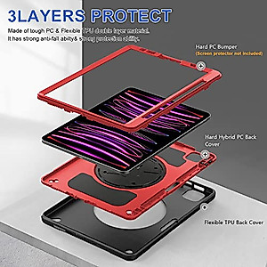 GEEKSDOM iPad Pro 12.9 Case 6th Generation 2022: Military Grade Heavy Duty Shockproof Cover for iPad Pro 12.9 Inch 2021 5th Gen-Pencil Holder-Rotating Stand-Hand/Shoulder Strap-Red