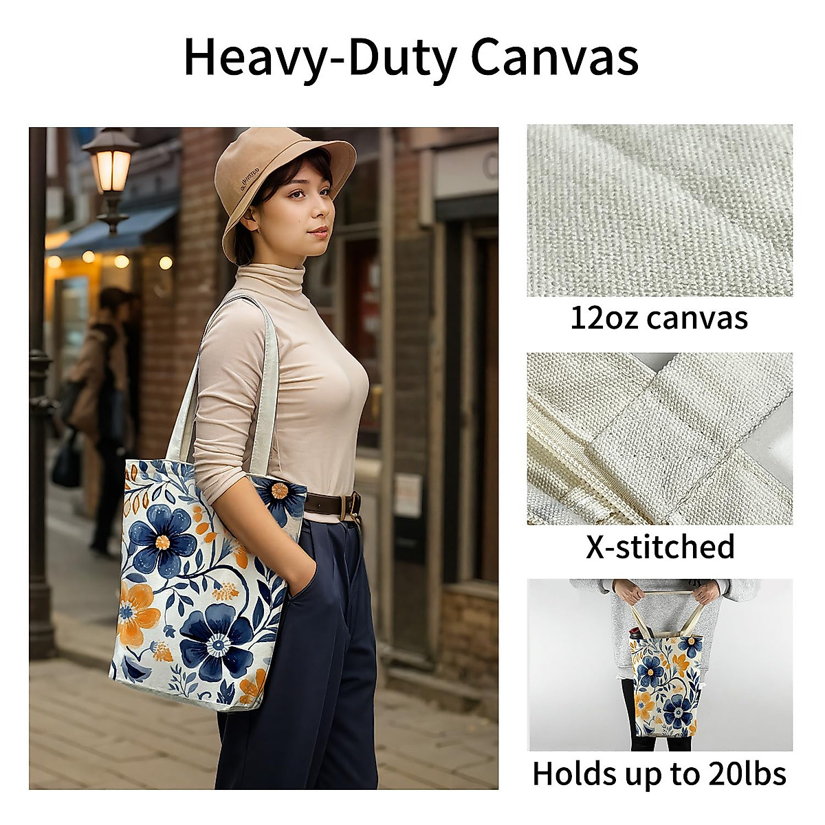 Canvas Tote Bag With Zipper Floral Tote Bag Women Canvas Tote Bag Pocket Handles Double-Sided Pattern Flower Book Tote Shoulder Bag Canvas Bag for Grocery Shopping Travel Commuting Daily College Gifts