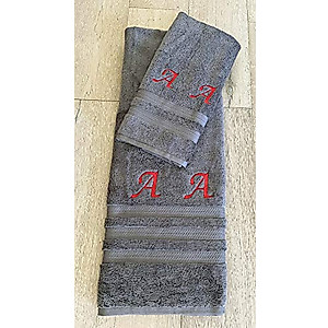 Liberty21 Luxury Embroidered Bath & Hand Towels, 100% Cotton. Custom Monogrammed Personalized Embroidered Towels. Set Includes 1 Bath Towel and 1 Hand Towel. (Grey)