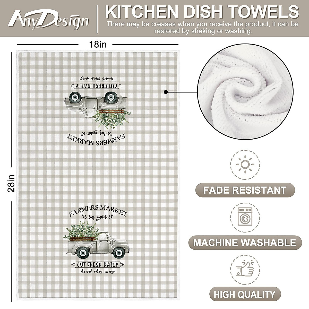 AnyDesign Farmhouse Kitchen Towel Gray Home Sweet Home Dish Towel Buffalo Plaids Truck Eucalyptus Leaves Hand Drying Tea Towel for Home Cooking Baking Cleaning, 18 x 28 Inch, 2Pcs