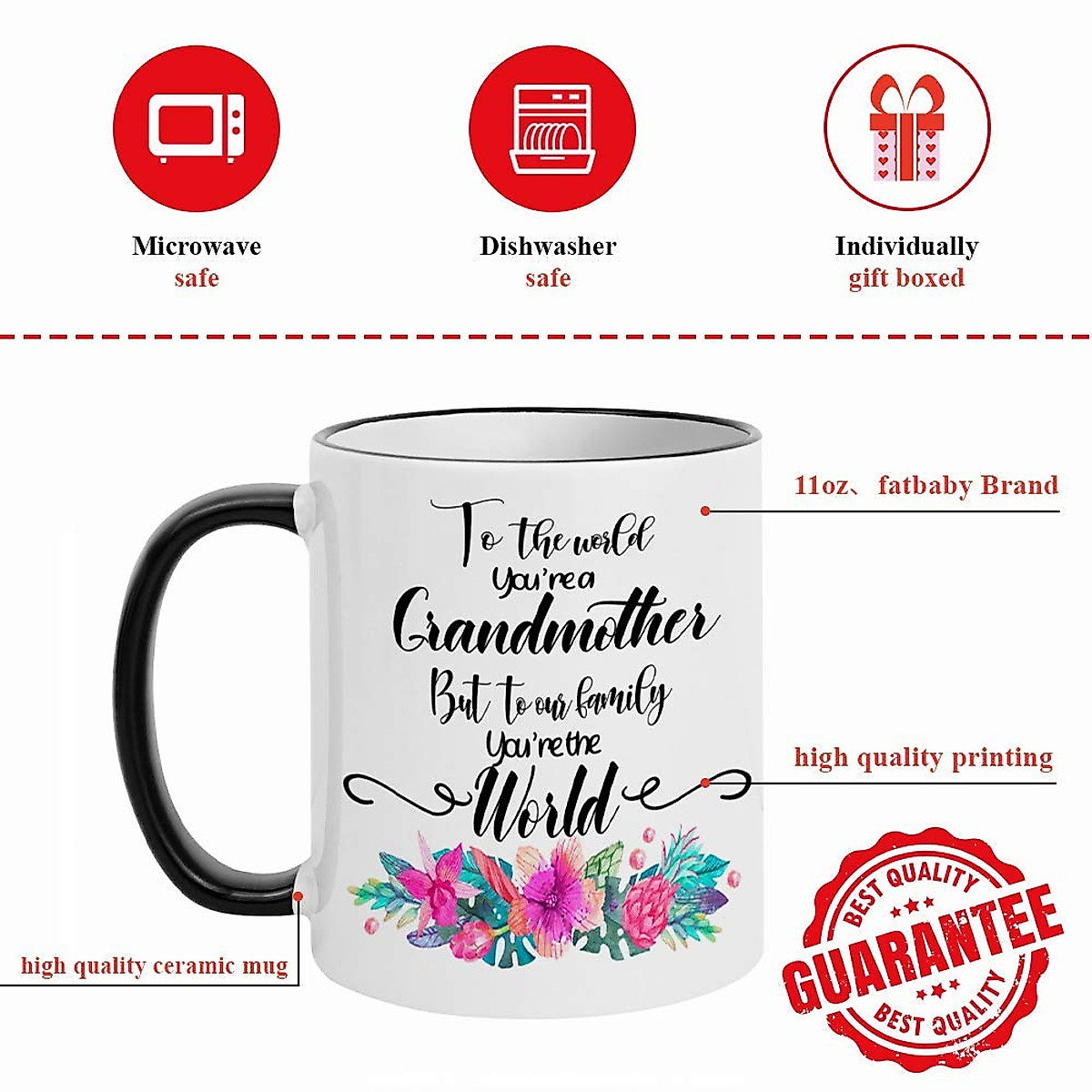 Fatbaby Grandma Birthday Gifts Mug for World Best Grandmother,Mother's Day Grandma Coffee Mug for Nana, Abuela, Granny, Mimi from Grandson,Granddaughter, Grandkids, Grandchildren