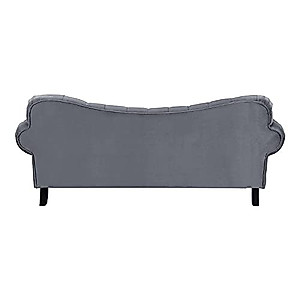 Pemberly Row 84" Velvet Roll Arm Sofa with Tufted Nailhead Upholstery, 3 Seater Fabric Couch Furniture for Home Living Room, Dark Gray