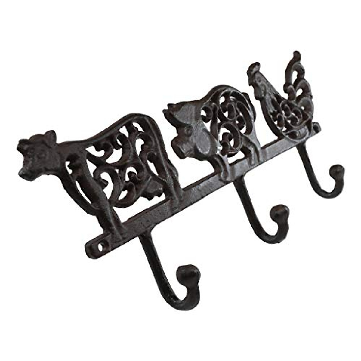 Ebros Cast Iron Filigree Scroll Patterns Rustic Barn Animals Chicken Pig and Cow 3 Peg Wall Hooks Western Vintage Farmhouse Multi-Purpose Hanger Plaque for Coats Hats Keys Clothing Towel Pet Leash