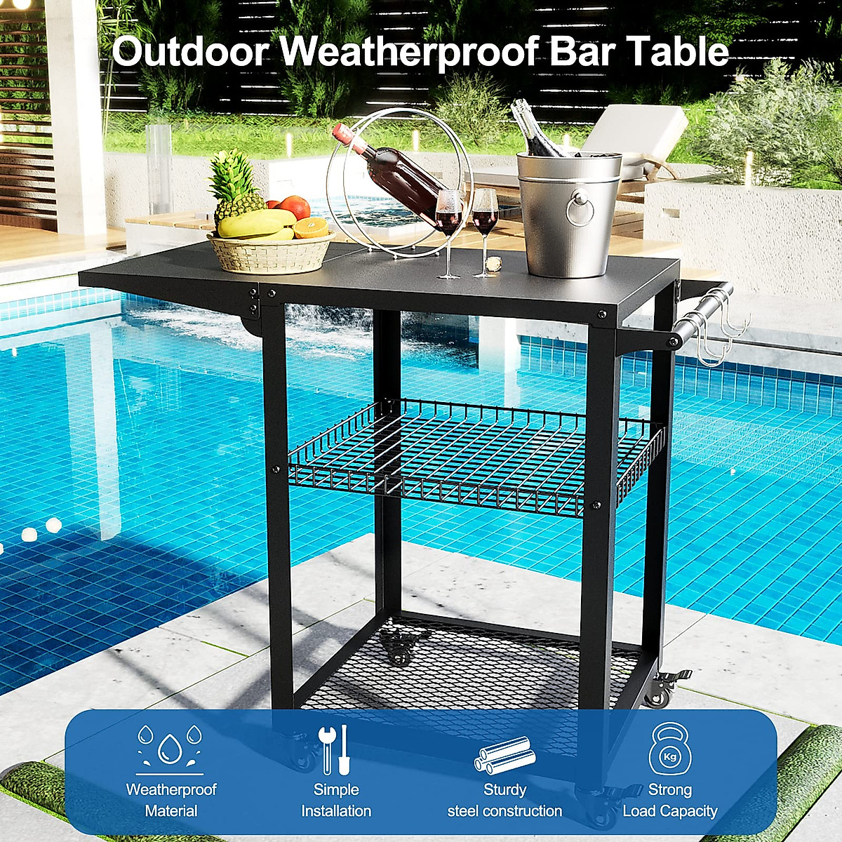 inkmin Outdoor Dining Table Three-Shelf Trolley Movable BBQ Cart Stainles Commercial Multifunctional Kitchen Food Prep Worktable Patio Bar Table