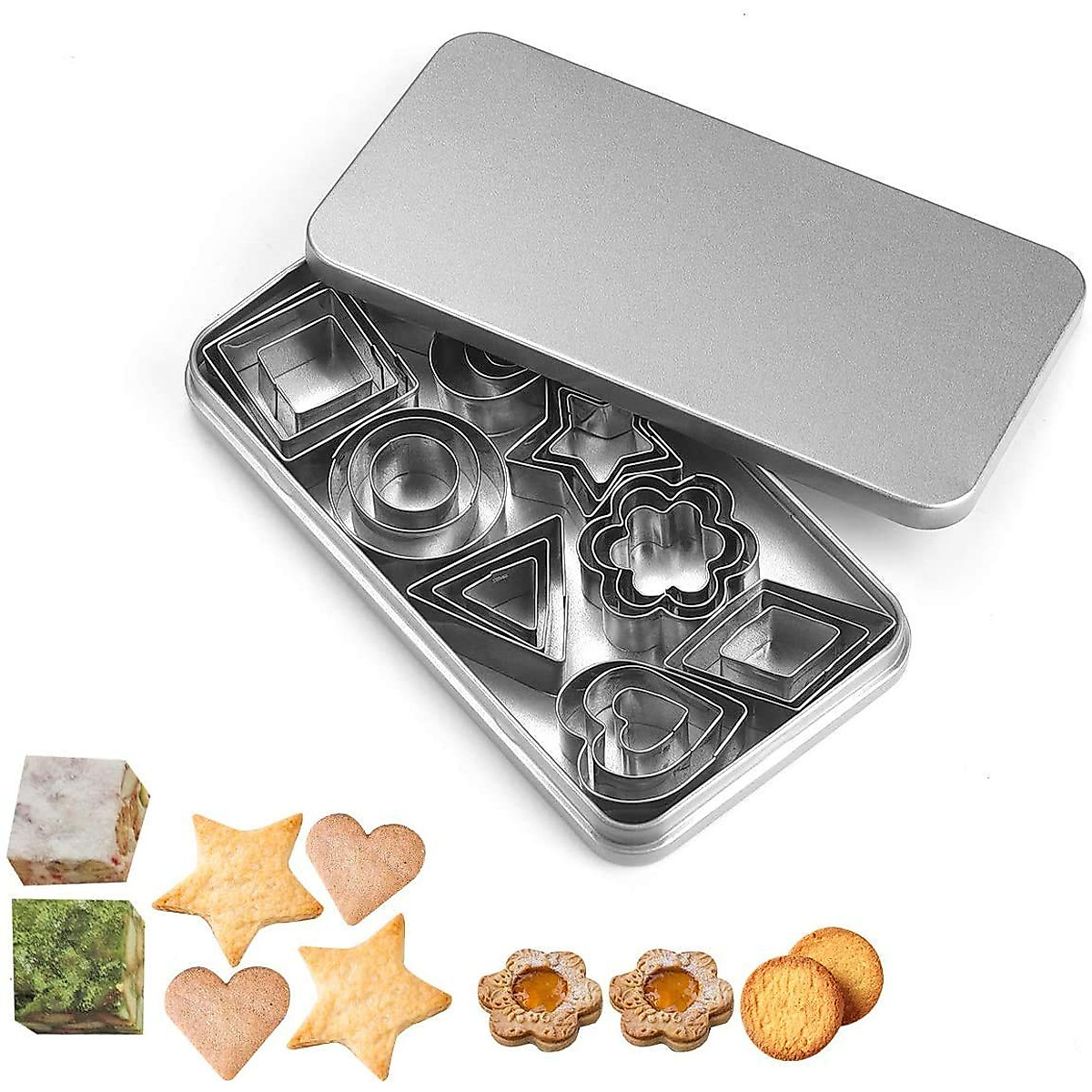 KSPOWWIN 27PCS Mini Cookie Cutters, Geometric Shapes Metal Cookie Biscuit Cutter Set, Star Flower Hexagon Round Heart Square Triangle Oval Stainless Steel Cutter for Baking